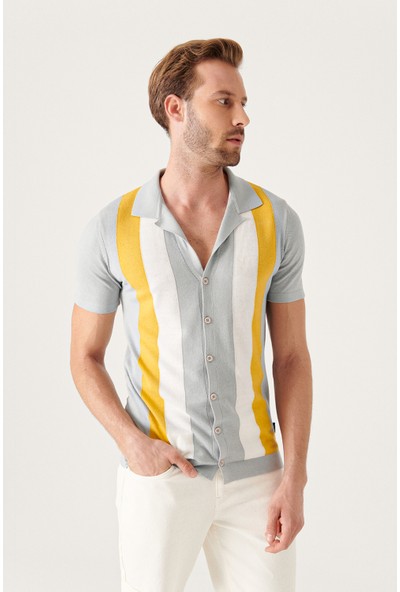 Avva Erkek Gri Mono Yaka Çizgili Kısa Kol Kazak A21Y5032