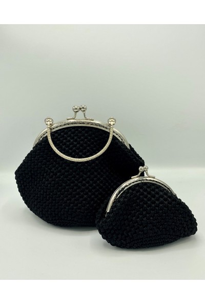 Siyah Inci El Örgüsü Kadın Portföy Çanta
