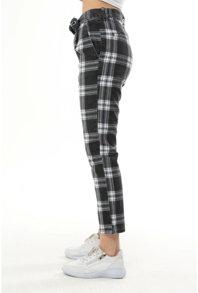Sevgilim Jeans Pantolon Kareli Beli Bağcıklı Siyah Beyaz Sevgilim Jeans Pantolon Kareli Beli Bağcıklı Siyah Beyaz