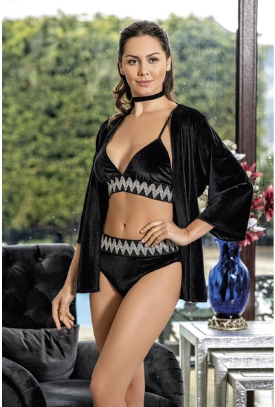 Cheeky Dishy Desenli Büstiyerli Slip Siyah Üçlü Kadife Sabahlık Gecelik Takımı Cheeky Dishy Desenli Büstiyerli Slip Siyah Üçlü Kadife Sabahlık Gecelik Takımı