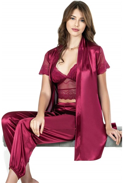 Cheeky Dishy Bordo Üçlü Büstiyerli Saten Sabahlık Gecelik Pijama Takımı 7639 Cheeky Dishy Bordo Üçlü Büstiyerli Saten Sabahlık Gecelik Pijama Takımı 7639