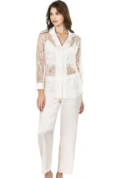 Cheeky Dishy Ekru Üçlü Büstiyerli Saten Gecelik Pijama Takımı 7642 Cheeky Dishy Ekru Üçlü Büstiyerli Saten Gecelik Pijama Takımı 7642