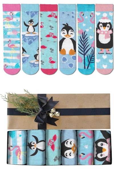 Chie Collection 6'lı Filamingo ve Penguen Temalı Desenli Hediye Kutulu Kadın Renkli Soket Çorap Seti Chie Collection 6'lı Filamingo ve Penguen Temalı Desenli Hediye Kutulu Kadın Renkli Soket Çorap Seti