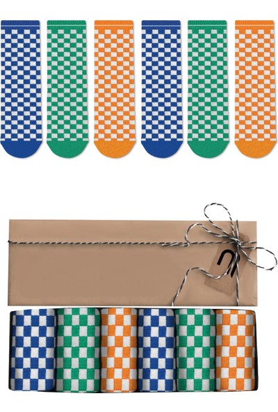 6'lı Dama Desenli Hediye Kutulu Unisex Renkli Spor Çorap Seti