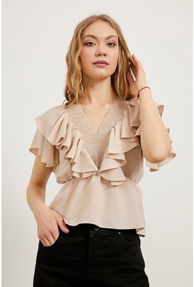 Armalife Yaka Gipeli Fırfırlı Bluz