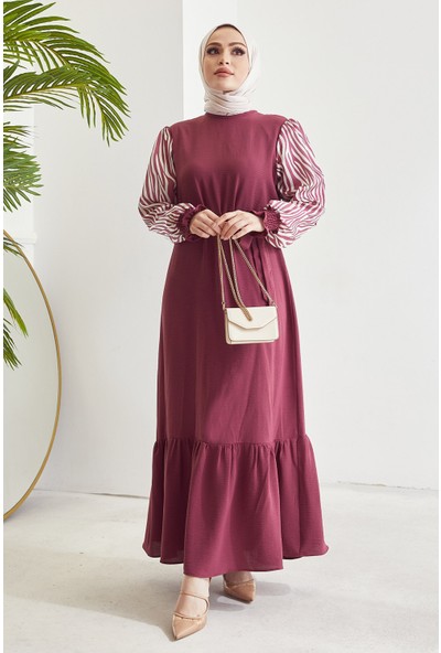 Instyle Mira Kolu Desenli Ayrobin Elbise - Mürdüm