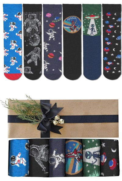 Chie Collection 6'lı Uzay Temalı Desenli Hediye Kutulu Unisex Renkli Soket Çorap Seti Chie Collection 6'lı Uzay Temalı Desenli Hediye Kutulu Unisex Renkli Soket Çorap Seti