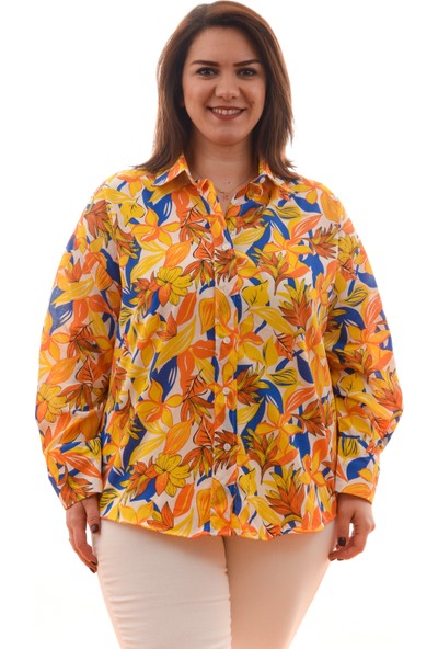 Sarı Çiçekli Büyük Beden Gömlek