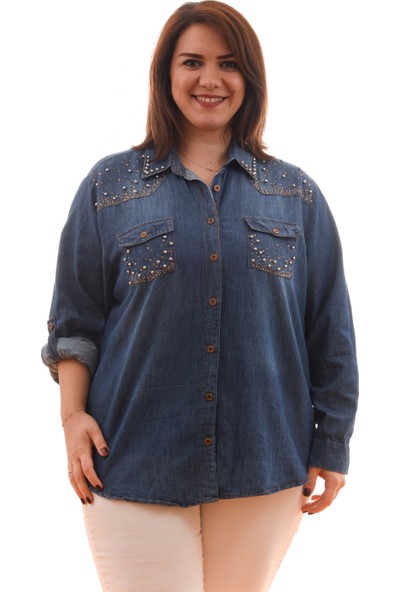 Yaka Cep Taşlı Büyük Beden Gömlek