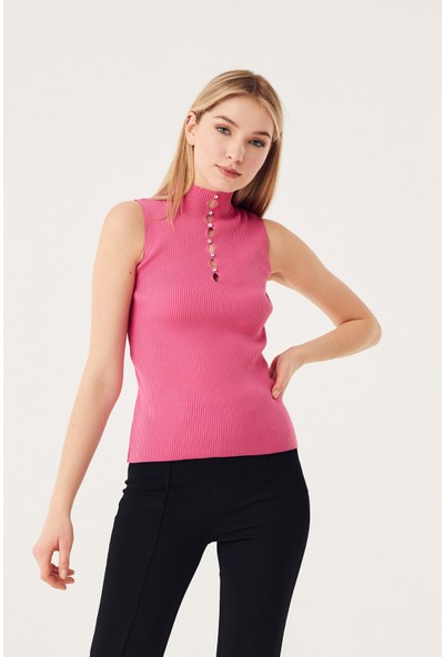 FullaModa Dik Yaka Önü Taş Detaylı Fitilli Triko Bluz FullaModa Dik Yaka Önü Taş Detaylı Fitilli Triko Bluz