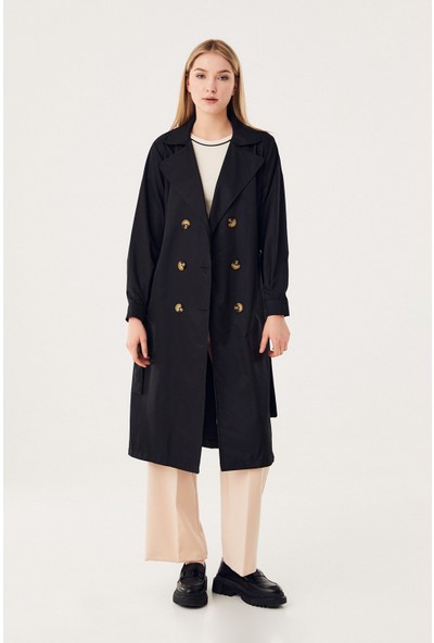 FullaModa Kuşaklı Düğmeli Uzun Trençkot
