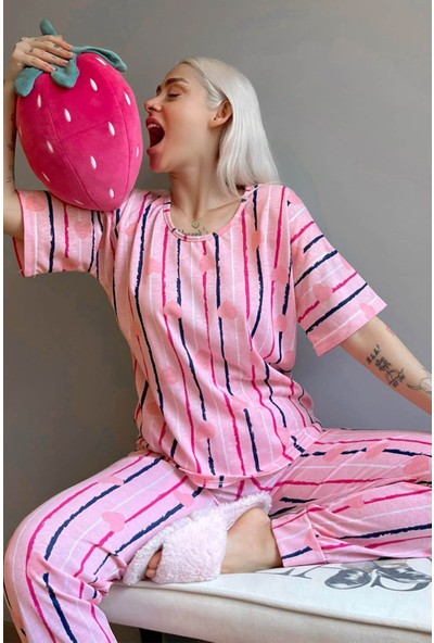 Pijama Evi Somon Lined Heart Baskılı Kısa Kollu Kadın Pijama Takımı