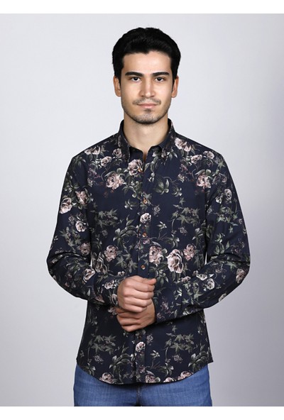 Salve Erkek %100 Pamuk Slim Fit Çiçek Desenli Gömlek 22163