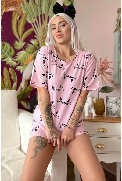 Pijama Evi Pembe Kedi Kulağı Baskılı Şortlu Kadın Pijama Takımı Pijama Evi Pembe Kedi Kulağı Baskılı Şortlu Kadın Pijama Takımı