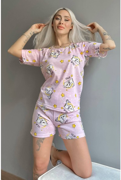 Pijama Evi Toz Pembe Bear Stars Baskılı Şortlu Kadın Pijama Takımı Pijama Evi Toz Pembe Bear Stars Baskılı Şortlu Kadın Pijama Takımı