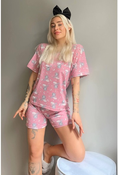 Pijama Evi Pembe Capped Tavşan Baskılı Şortlu Kadın Pijama Takımı