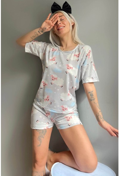 Gri Sheep Baskılı Şortlu Kadın Pijama Takımı