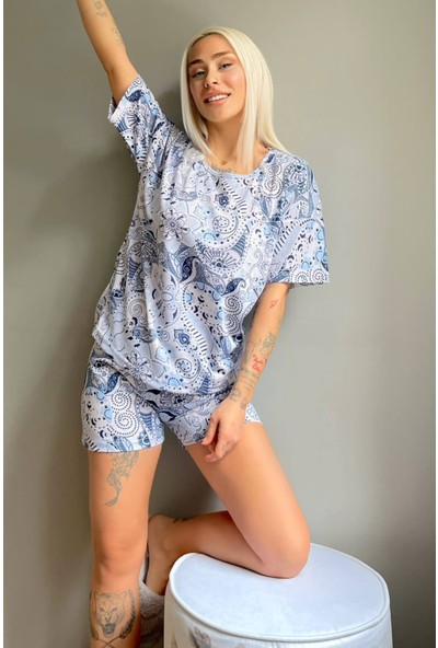Pijama Evi Mavi Klasik Etnik Baskılı Şortlu Kadın Pijama Takımı