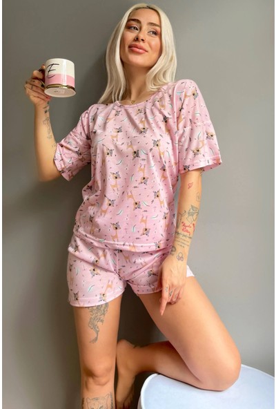 Pijama Evi Pembe Ceylan Baskılı Şortlu Kadın Pijama Takımı