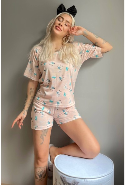 Pijama Evi Somon Lama Baskılı Şortlu Kadın Pijama Takımı