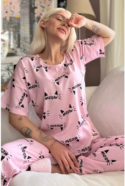 Pijama Evi Pembe Kotele Baskılı Kısa Kollu Kadın Pijama Takımı