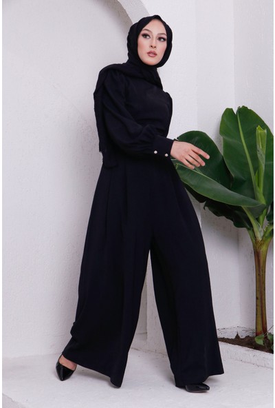 İmaj Butik Geniş Paça Kemerli Tesettür Tulum/siyah İmaj Butik Geniş Paça Kemerli Tesettür Tulum/siyah
