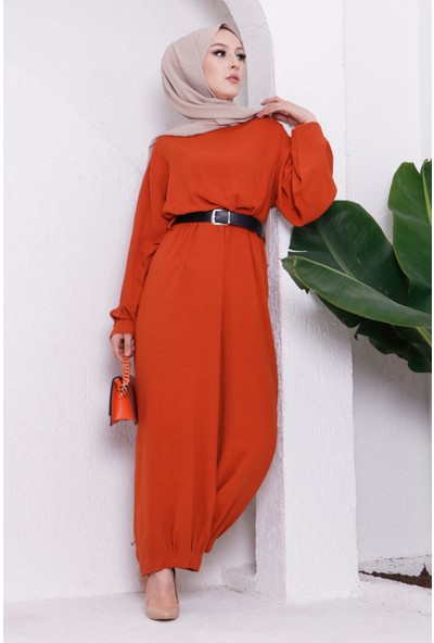 İmaj Butik Beli Lastikli Kemerli Tesettür Tulum/kiremit