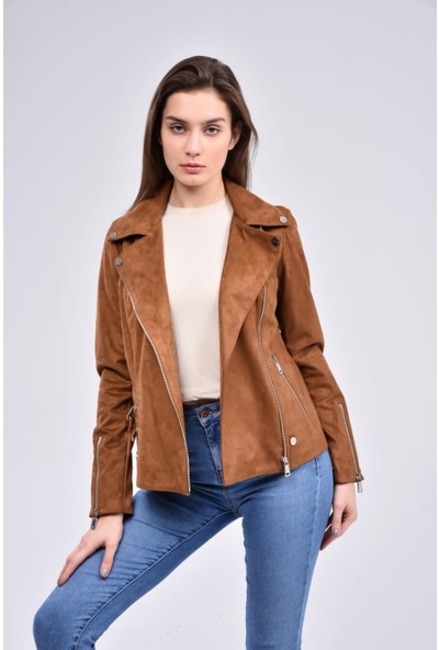 Fynary Taba Süet Biker Kadın Ceket