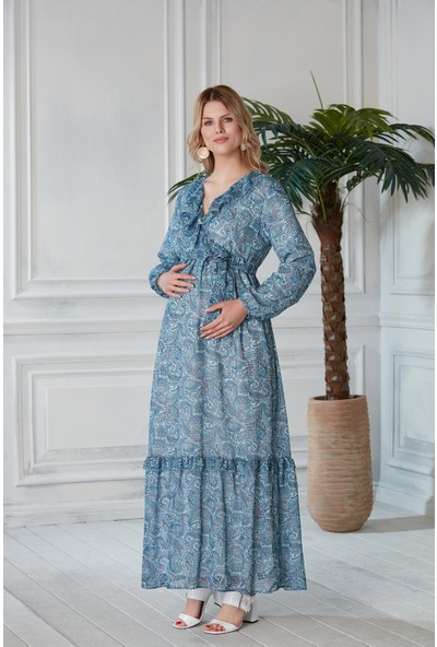 Işşıl M0026-PILISELI Kruvaze Yaka Şal Desen Maxi Hamile Elbise
