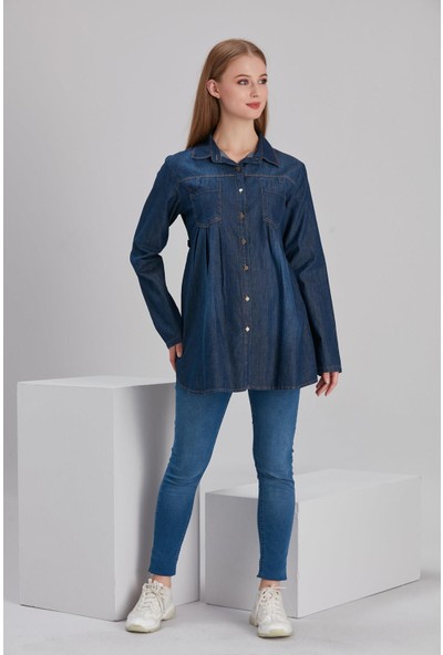 Işşıl O7217-ÇIFT Cep Açılır Düğmeli Hamile Kot Gömlek