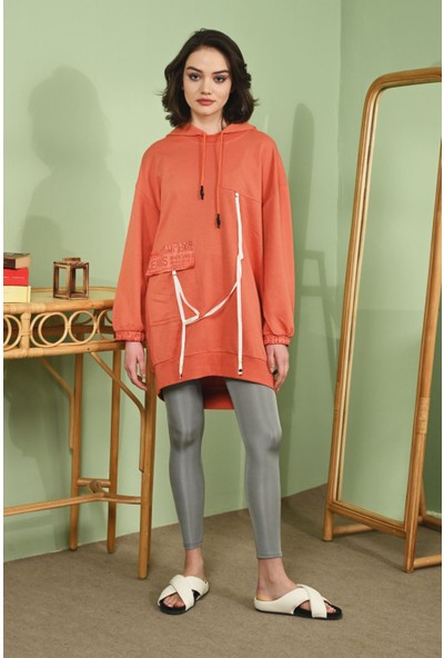 21010-KAPÜŞONLU Hologram Şeritli Penye Sweatshirt - Kayısı 21010-KAPÜŞONLU Hologram Şeritli Penye Sweatshirt - Kayısı