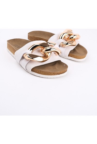 Luvi 156 Hakiki Deri Beyaz Suet Kadın Terlik