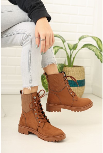 Hn Tekstil - Mdr Markas Taba Bağcıklı Lastik Detaylı Kadın Postal