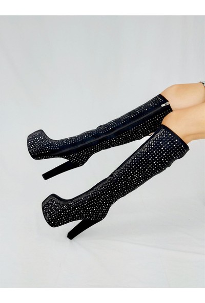 Hn Tekstil - Mdr Cat Siyah Süet - Gümüş Taşlı Diz Altı Çizme