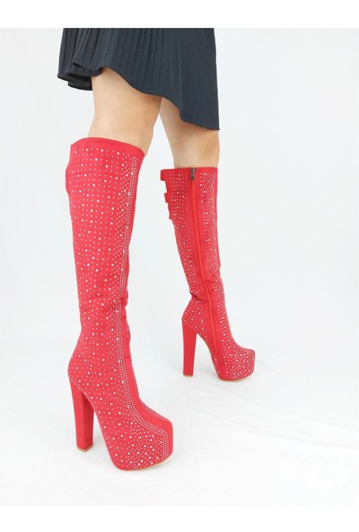Hn Tekstil - Mdr Cat Kırmızı Süet - Gümüş Taşlı Diz Altı Çizme