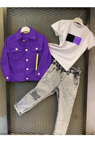 Uğur Böceği Çocuk 3'lü Keten Ceketli Şık Kız Takım - Şık Kombin