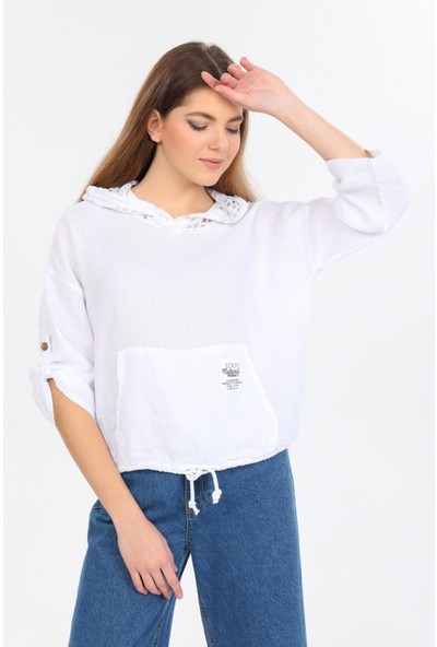 Kadın Beyaz Italyan Kanguru Cepli Dantel Kapüşonlu Keten Bluz