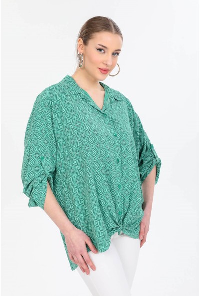 Kadın Yeşil Italyan Geometrik Desenli Oversize Salaş Gömlek