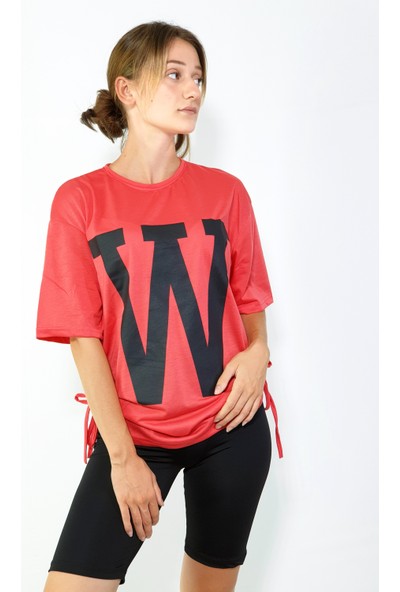 Mericey Kadın Pembe Bisiklet Yaka Baskılı Büzgü Detaylı Oversize T-Shirt Mericey Kadın Pembe Bisiklet Yaka Baskılı Büzgü Detaylı Oversize T-Shirt