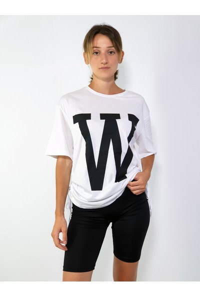 Mericey Kadın Beyaz Bisiklet Yaka Baskılı Büzgü Detaylı Oversize T-Shirt Mericey Kadın Beyaz Bisiklet Yaka Baskılı Büzgü Detaylı Oversize T-Shirt