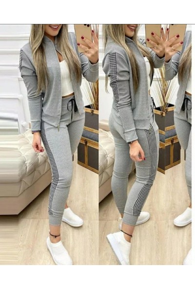 Iki Iplik Kumaş Yanlar Ekose Fermuarlı Takım (Gri) Iki Iplik Kumaş Yanlar Ekose Fermuarlı Takım (Gri)