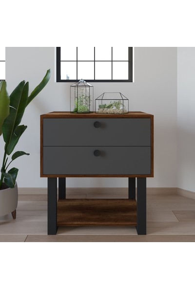 Robin Home Grand Ofis 2 Çekmeceli Keson Etajer Metal Ayaklı Barok-Antrasit