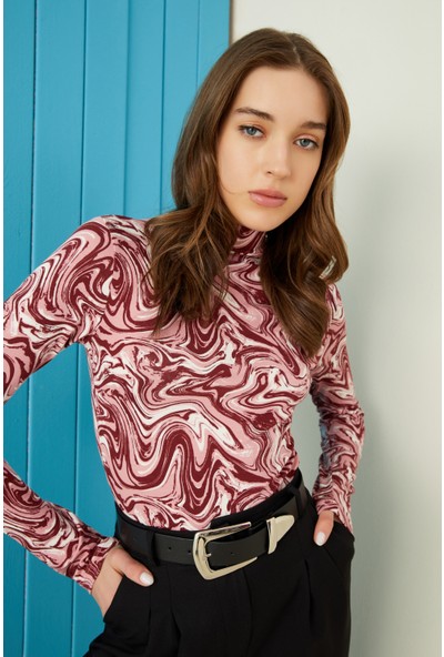 BiPantolon Kadın Vişne Beyaz Ebru Desenli Body