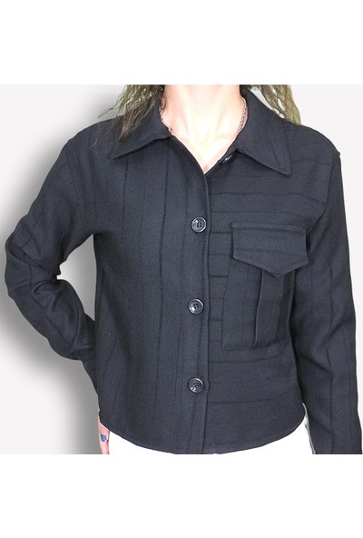Kadın Kadife Fitilli Siyah Kısa Gömlek