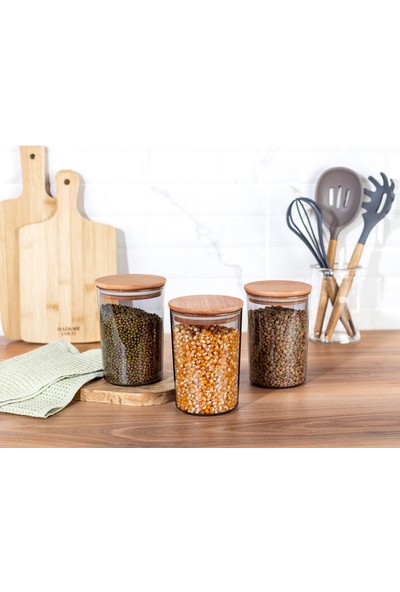 Madame Coco Yuviera Ahşap Kapaklı 3'lü Saklama Kabı - Füme - 900 ml