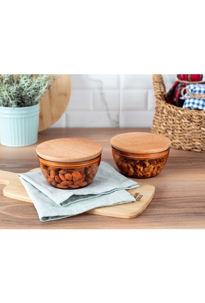 Madame Coco Joelle Ahşap Kapaklı 2'li Saklama Kabı - Amber - 460 ml