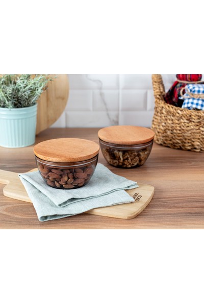 Madame Coco Joelle Ahşap Kapaklı 2'li Saklama Kabı - Füme - 460 ml