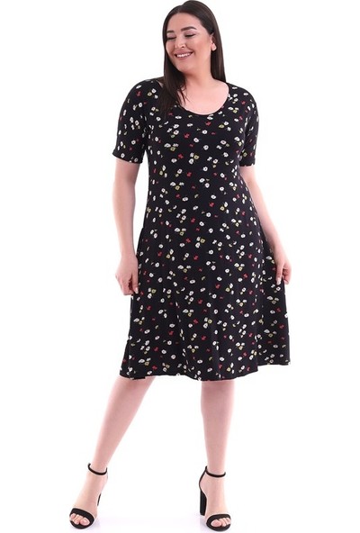 Kadın Çiçek Desenli Viskon Kısa Kollu Elbise Siyah KRP41