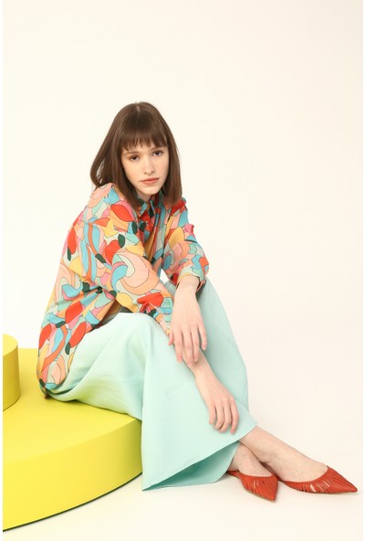 Ekrumoda Desenli Oversize Gömlek