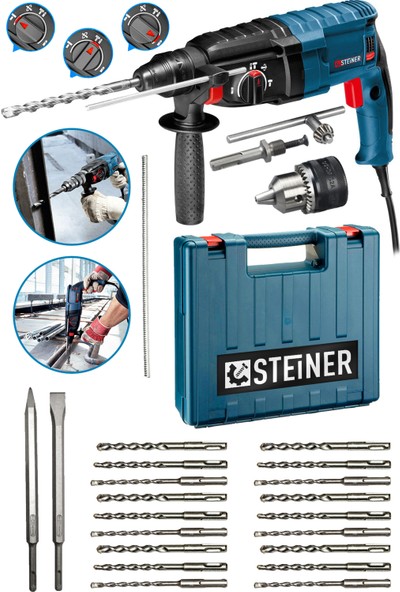 Steiner Alman 4000 Watt Profesyonel Kırıcı Delici Darbeli Matkap + 20 Adet Uç + Mandren Steiner Alman 4000 Watt Profesyonel Kırıcı Delici Darbeli Matkap + 20 Adet Uç + Mandren